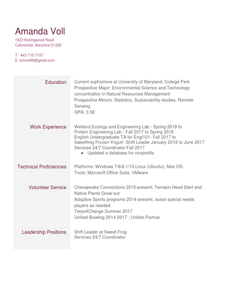 Amanda Voll's Resume: Environmental Science Student | PDF