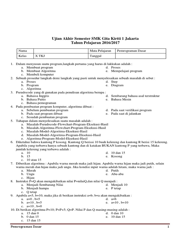 Soal Pemrograman Dasar 2017 | PDF