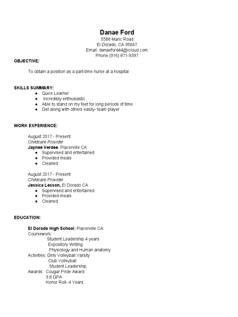 Part-Time Nurse Resume for Danae Ford | PDF