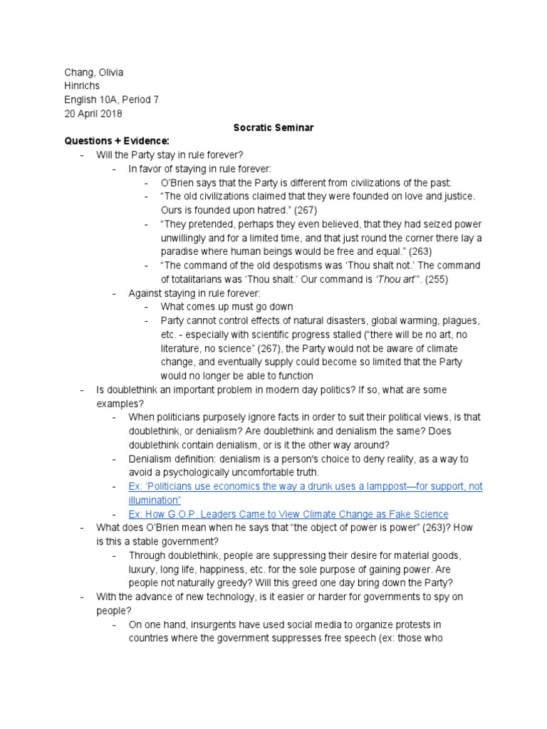 SOCRATIC Seminar Questions and Evidence from 1984 | PDF | Democracy ...