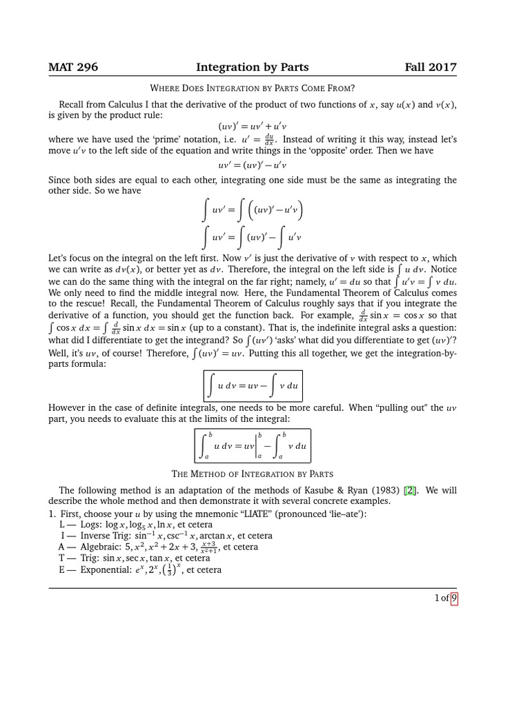 Integration by Parts | PDF | Integral | Derivative