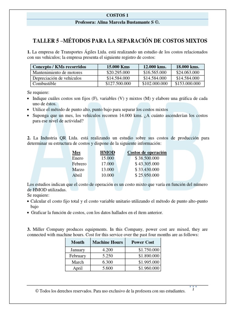 Taller 5 - Métodos para Separar Los Costos Mixtos | Negocios