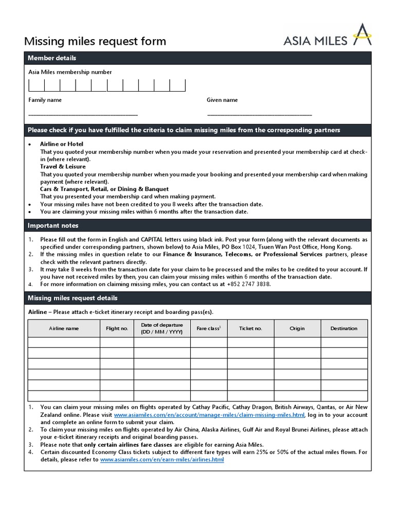 Missing Miles Request Form EN PDF | PDF | Airlines | Service Industries