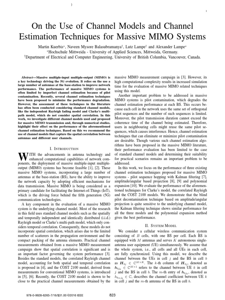 On The Use of Channel Models and Channel Estimation Techniques For Massive MIMO Systems | PDF ...