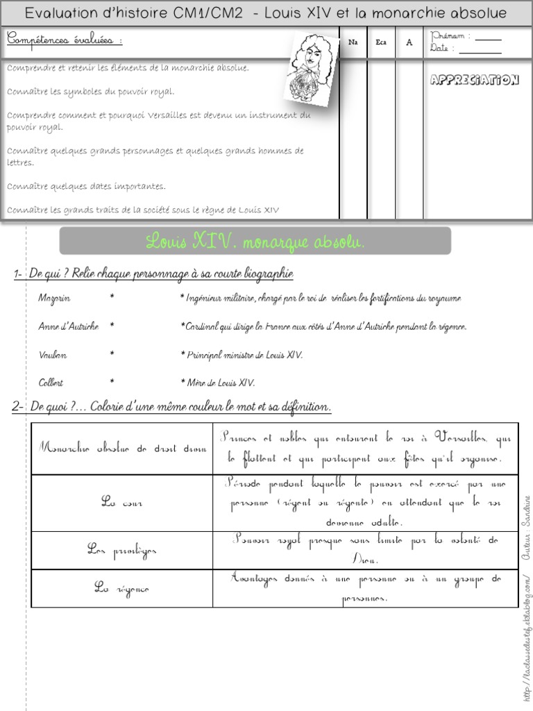 Évaluation Louis XIV CM1/CM2 | PDF | Louis XIV de France | Château de ...