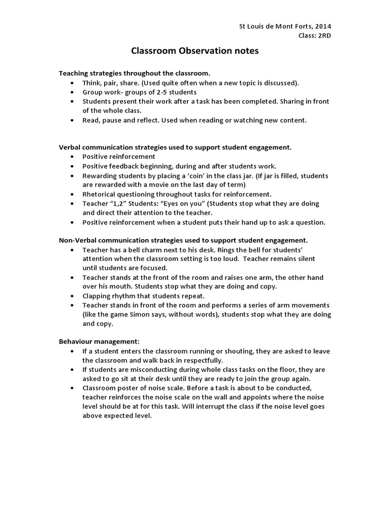 Classroom Observation Notes 3 | PDF | Classroom | Teachers