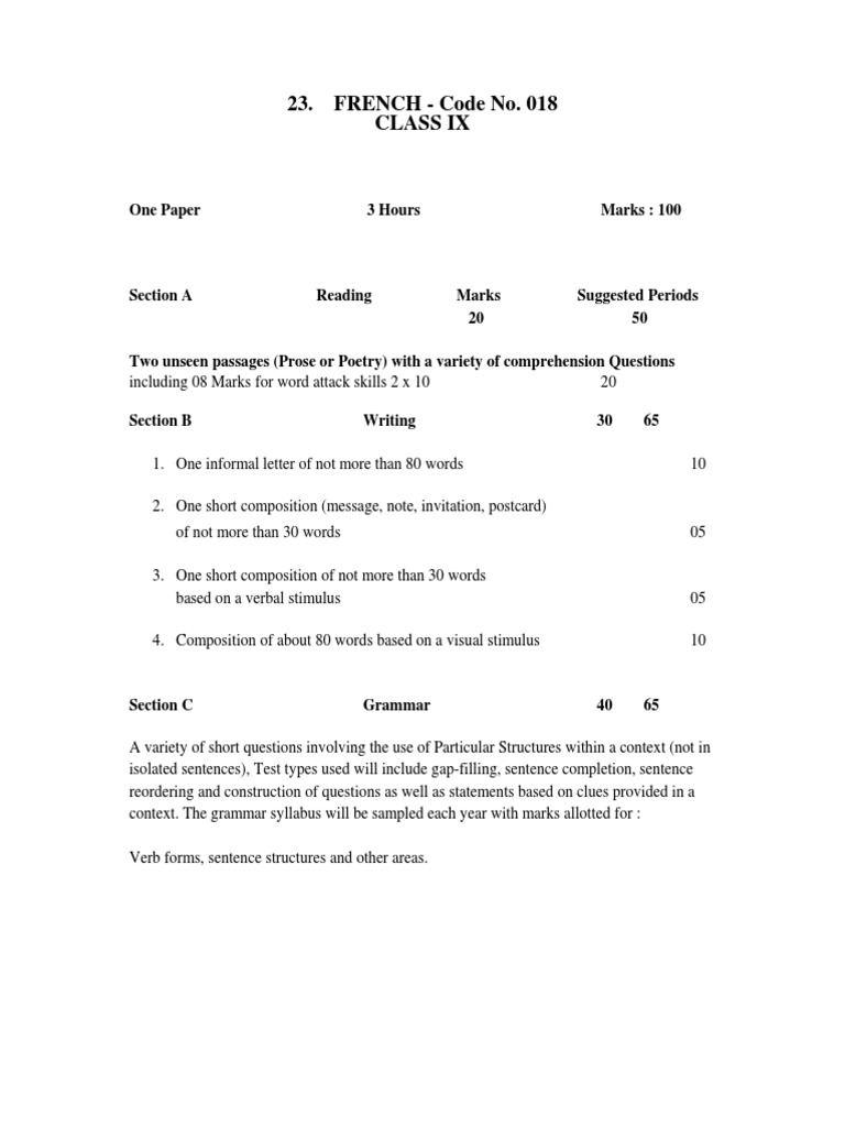 Class 9 & 10 French Syllabus Overview | PDF | Sentence (Linguistics ...