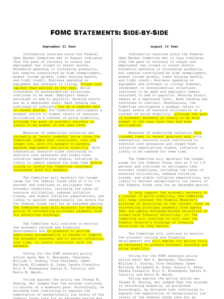 2010-09-21 - Fed Side by Side Statements | PDF | Federal Open Market ...
