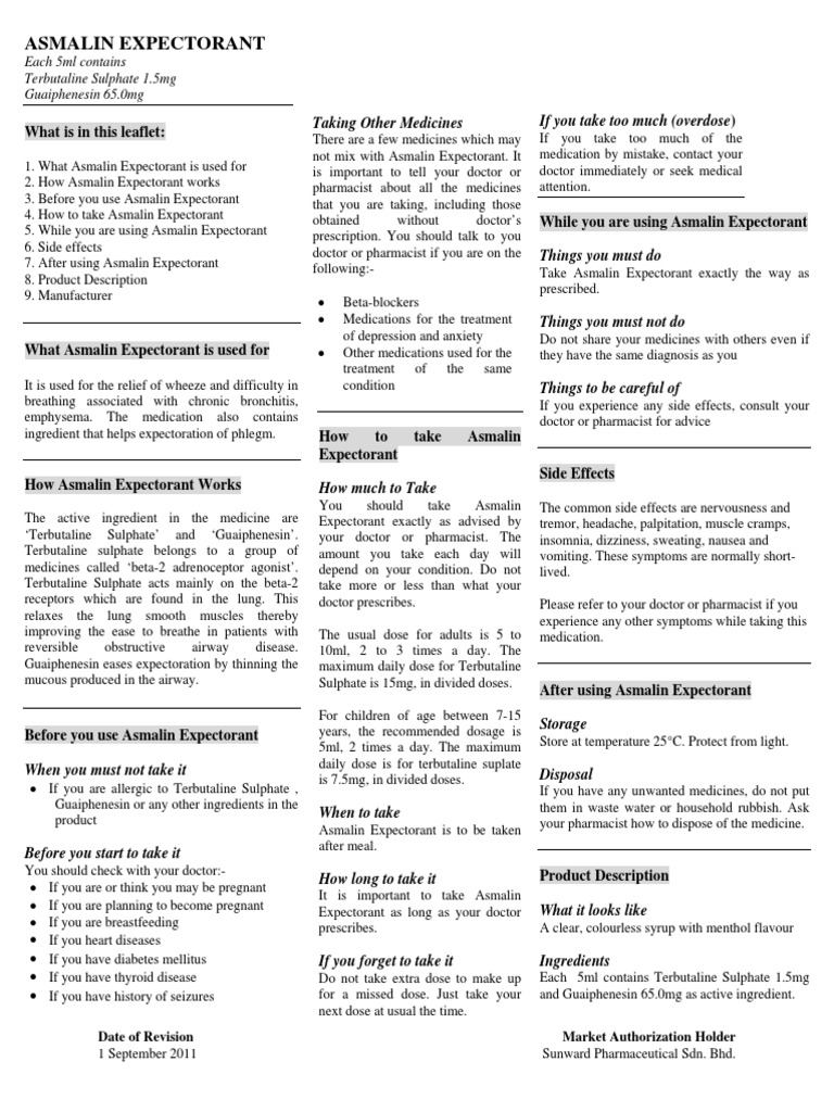 Asmalin Expectorant[Terbutaline Sulphate]-Sunward.pdf | Dose ...