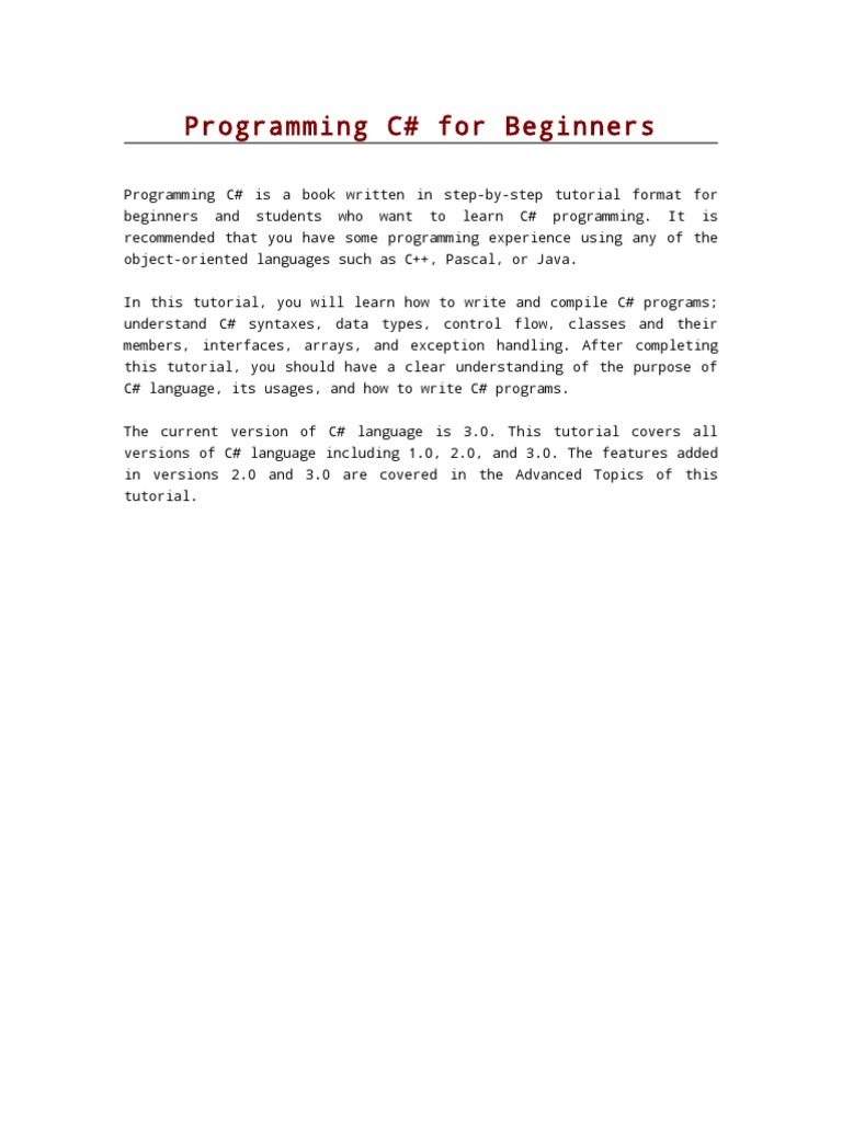 C Sharp Programming Pdf C Sharp Programming Language Component Object Model