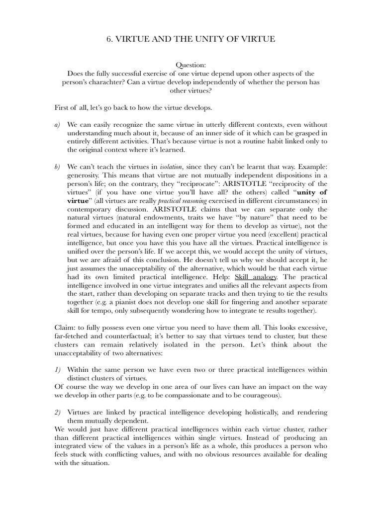 Virtue and The Unity of Virtue | PDF | Philosophical Movements | Virtue