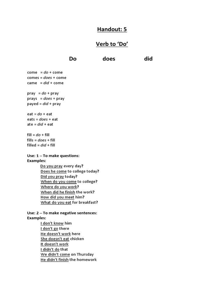 Do Does Did: Handout: 5 Verb To Do' | PDF