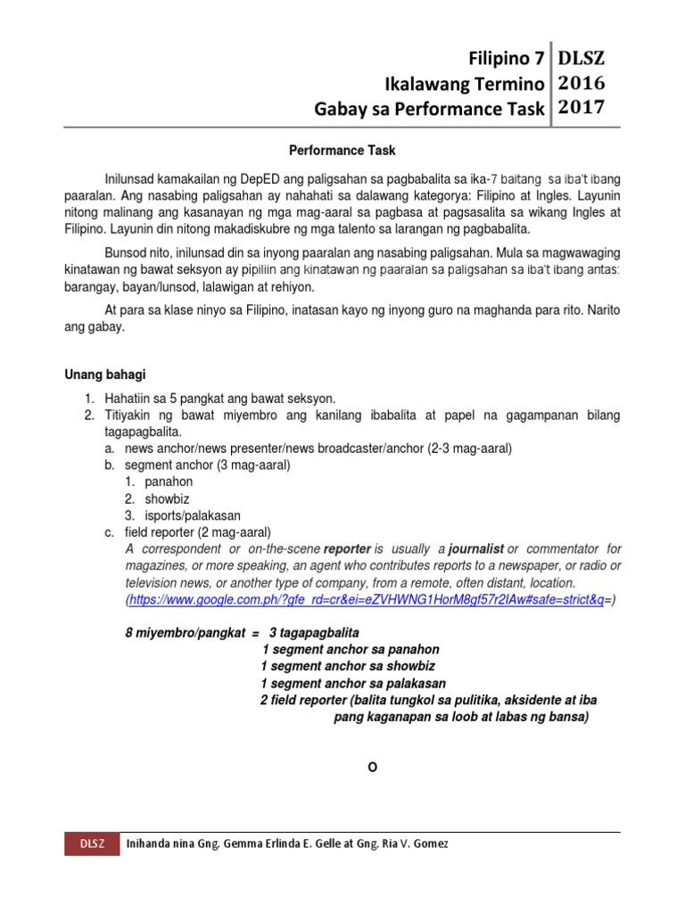 Performance Task Term 2 - 2016-2017 | PDF