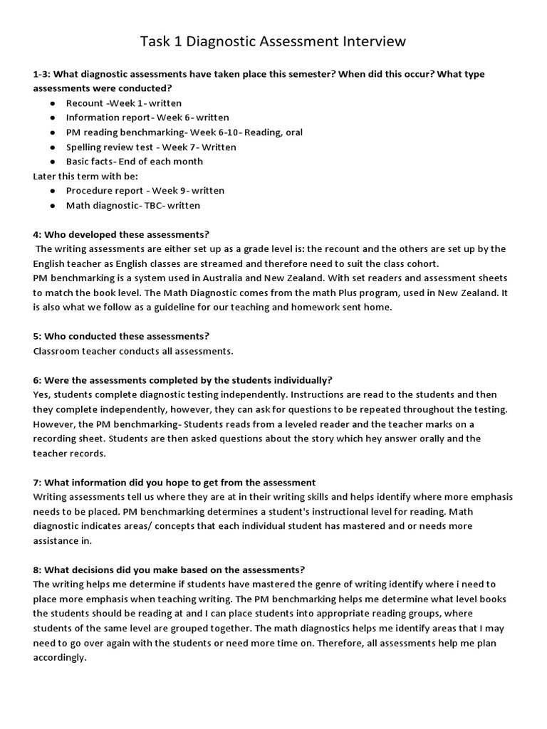 Task 1 Diagnostic Assessment Interview | PDF | Educational Assessment ... Task 1 Diagnostic Assessment Interview | PDF | Educational Assessment ...
