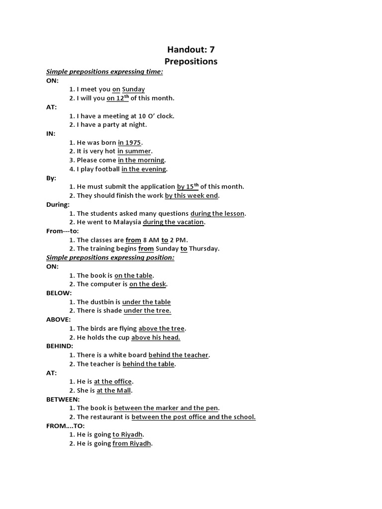 Handout: 7 Prepositions: Simple Prepositions Expressing Time | PDF