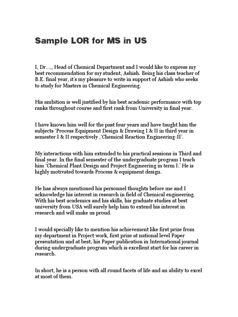 Sample LOR For MS in US | PDF