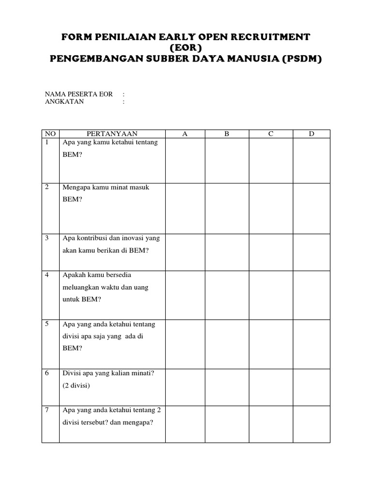 Form Penilaian Early Open Recruitment (EOR) Pengembangan Subber Daya Manusia (PSDM) | PDF | Business