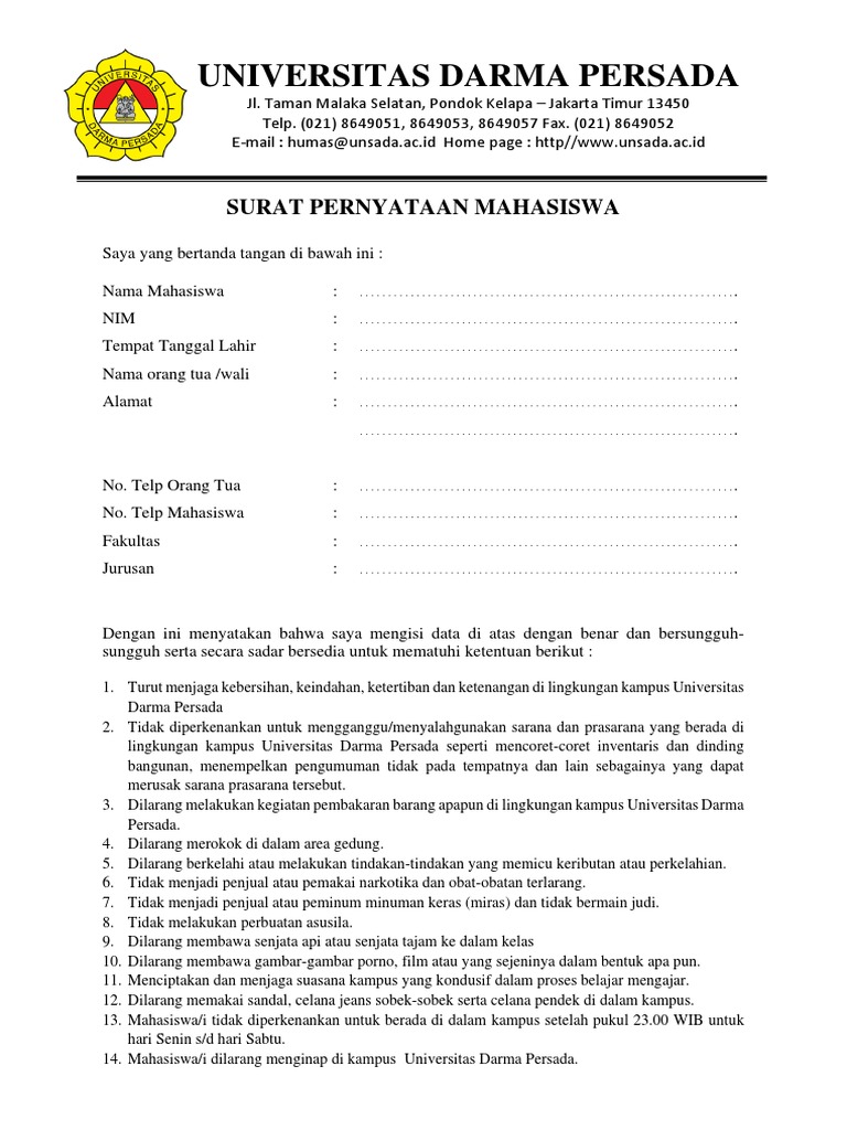 Surat Pernyataan Mhs | PDF