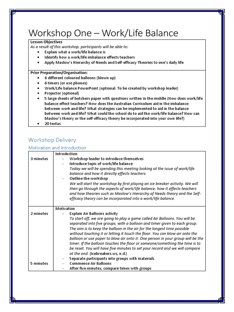 Workshop One - Work-Life Balance | PDF | Self Efficacy | Motivation