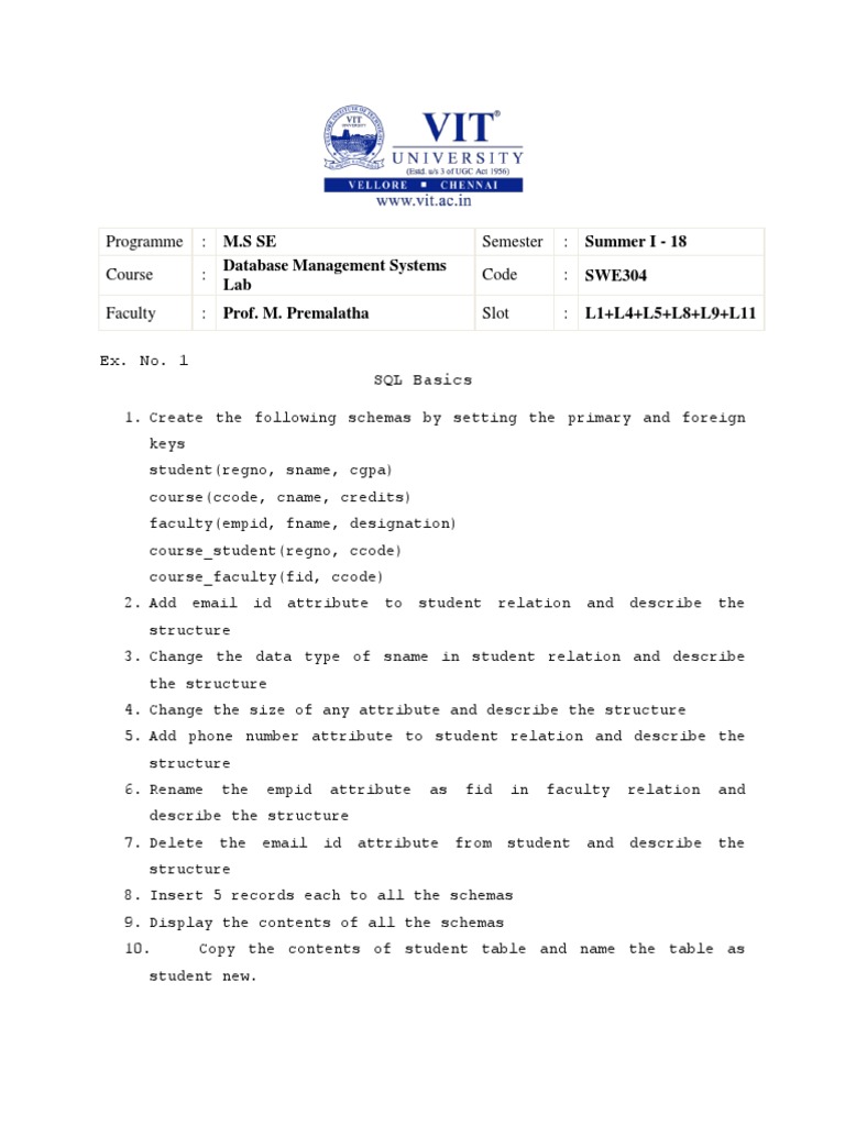 Exercise - 1 SQL Basics - DDL | PDF | Information Science | Databases