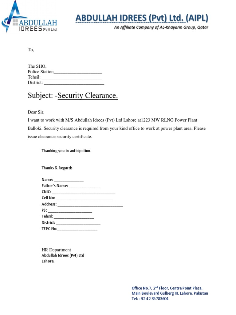 Abdullah Idrees (PVT) Ltd. (Aipl) : Subject: - Security Clearance | PDF