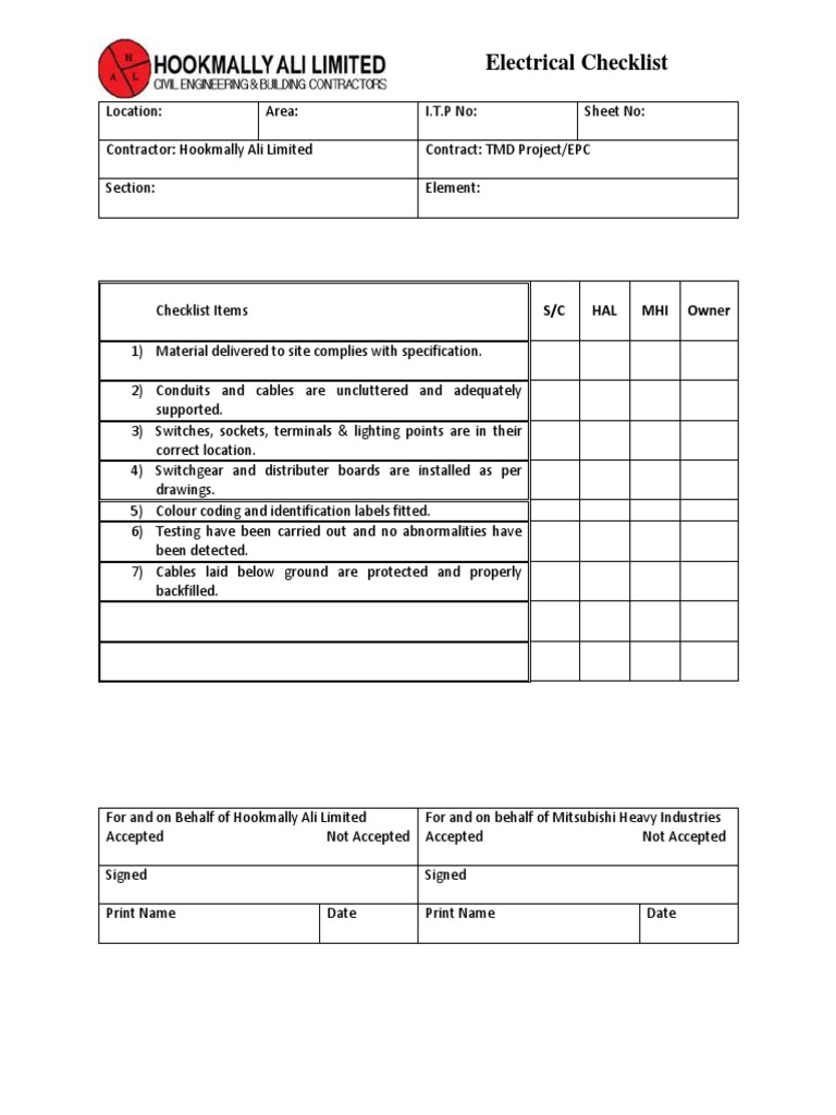 Electrical Checklist | PDF