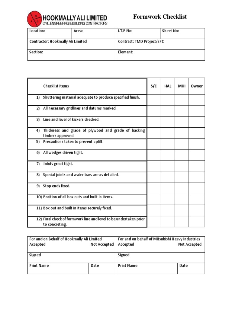 Formwork Checklist: S/C HAL MHI Owner