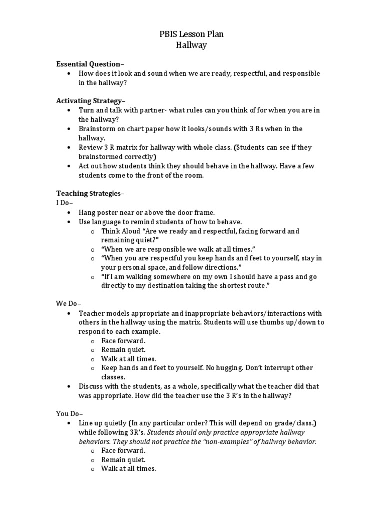 Pbis Lesson Plan For Hallway | PDF | Lesson Plan | Teachers