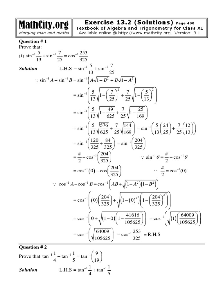 Ex 13 2 FSC Part1 Ver3 1 | PDF | Trigonometry | Trigonometric Functions