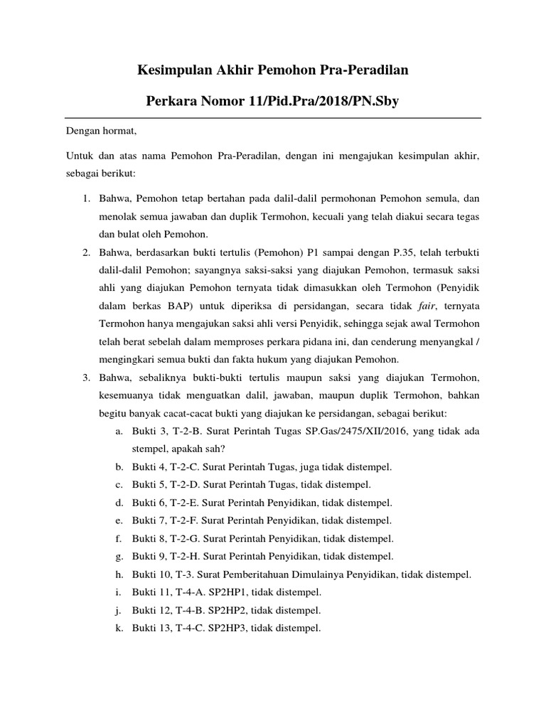 Kesimpulan Pra Peradilan (11 Pid - Pra 2018 PN - Sby) | PDF | Politik ...