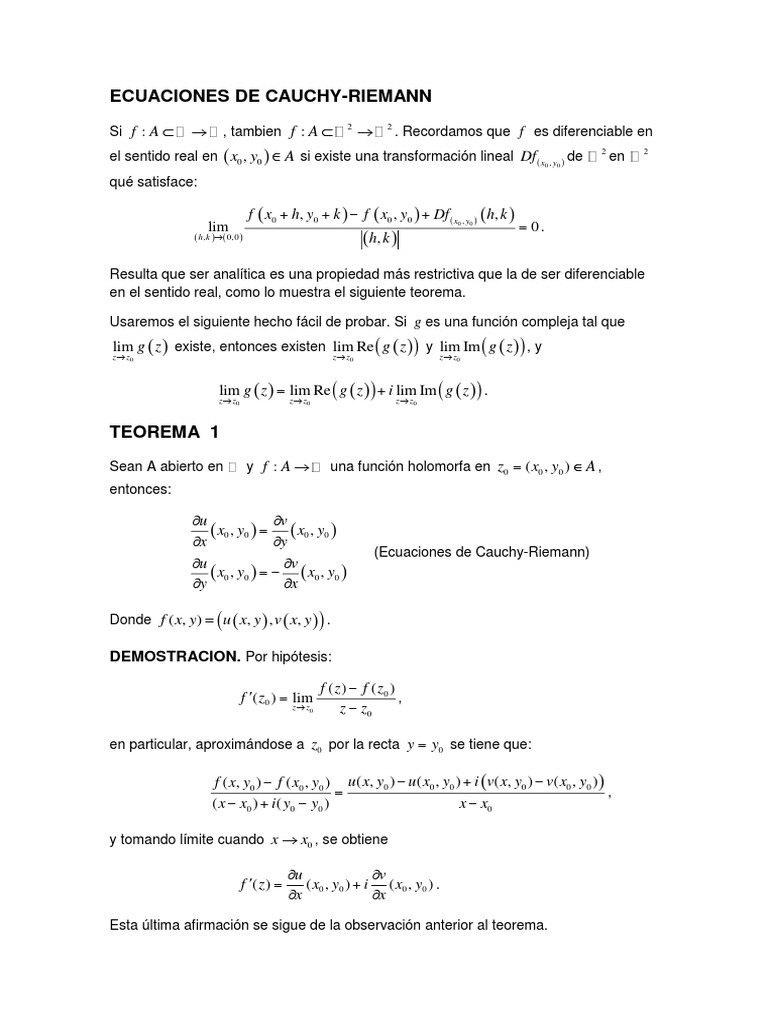 Ecuaciones de Cauchy-Riemann: Teoremas y Demostraciones | PDF | Número complejo | Matriz ...