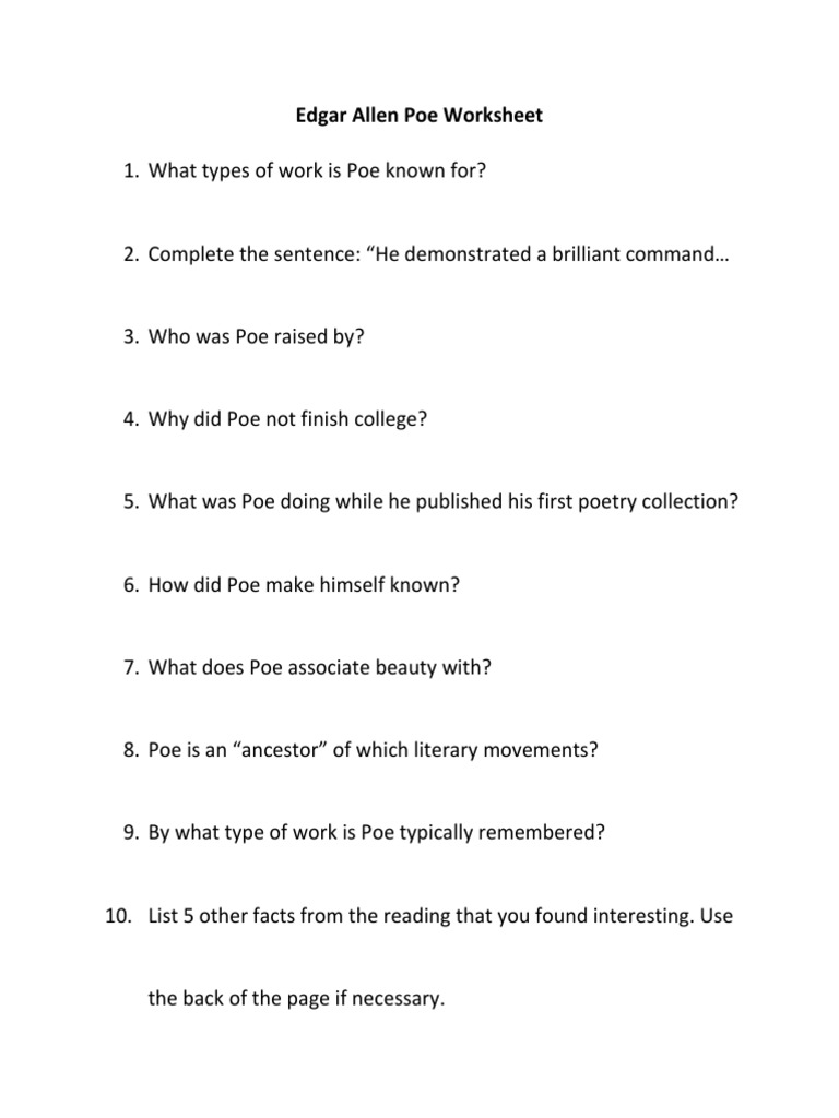 Edgar Allen Poe Worksheet | PDF