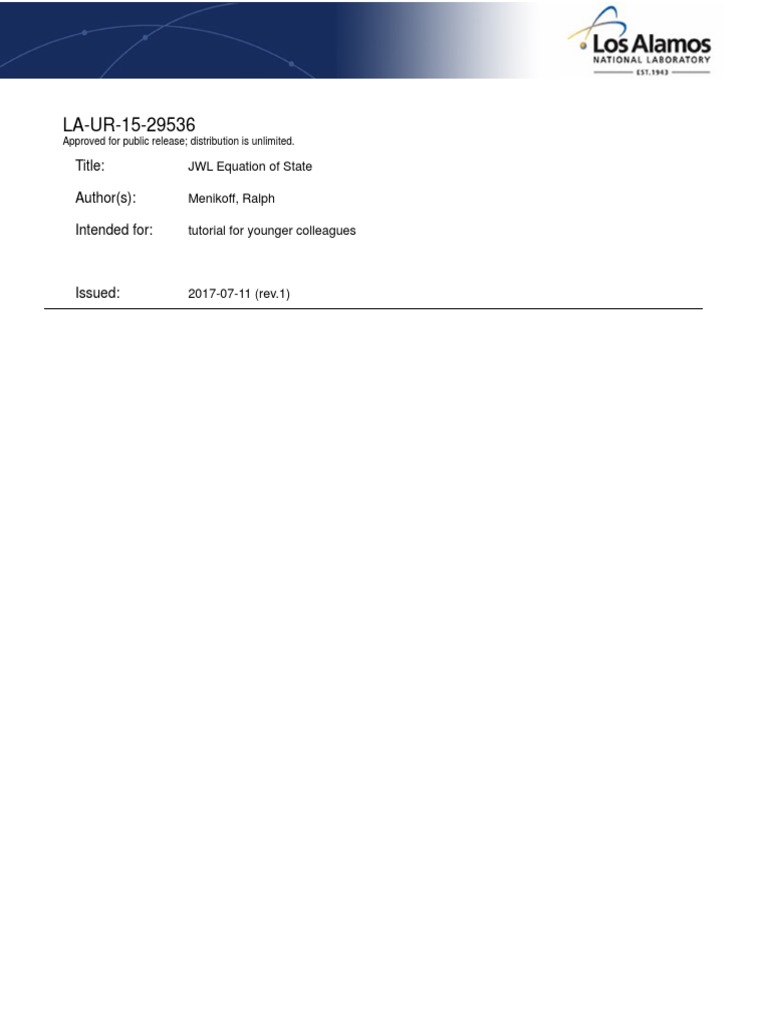 JWL Equation of State | PDF | Chemical Equilibrium | Temperature