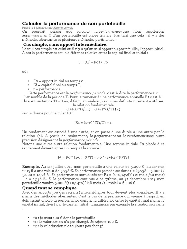 Calcul de la performance d'un portefeuille | PDF | Somme (arithmétique ...