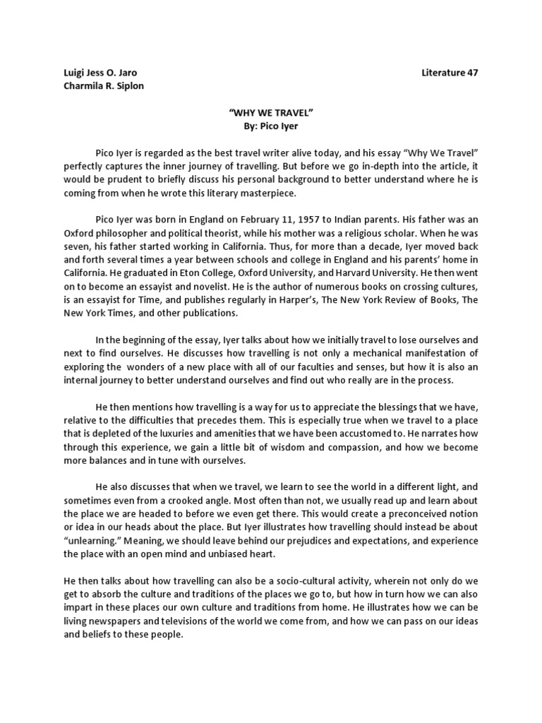 Luigi Jess O. Jaro Literature 47 Charmila R. Siplon "Why We Travel" By ...
