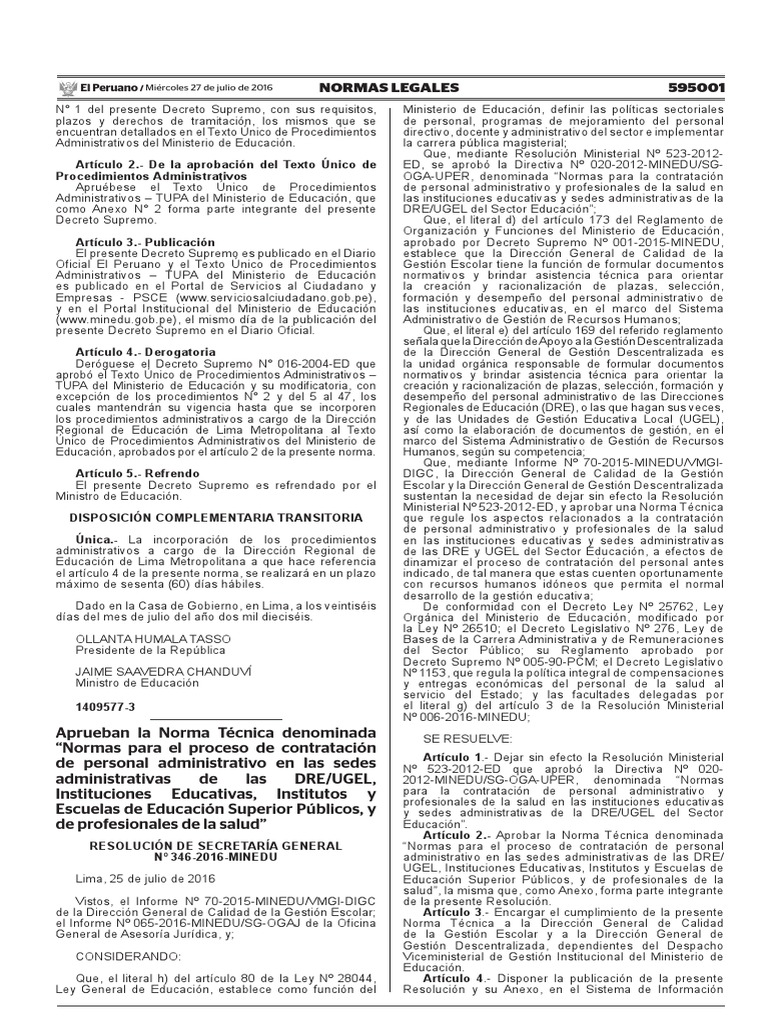 R. S. G. #346-2016-Minedu - Contraqto Administrativo de Las Dre Ugel I.E. Institutos y Escuelas ...