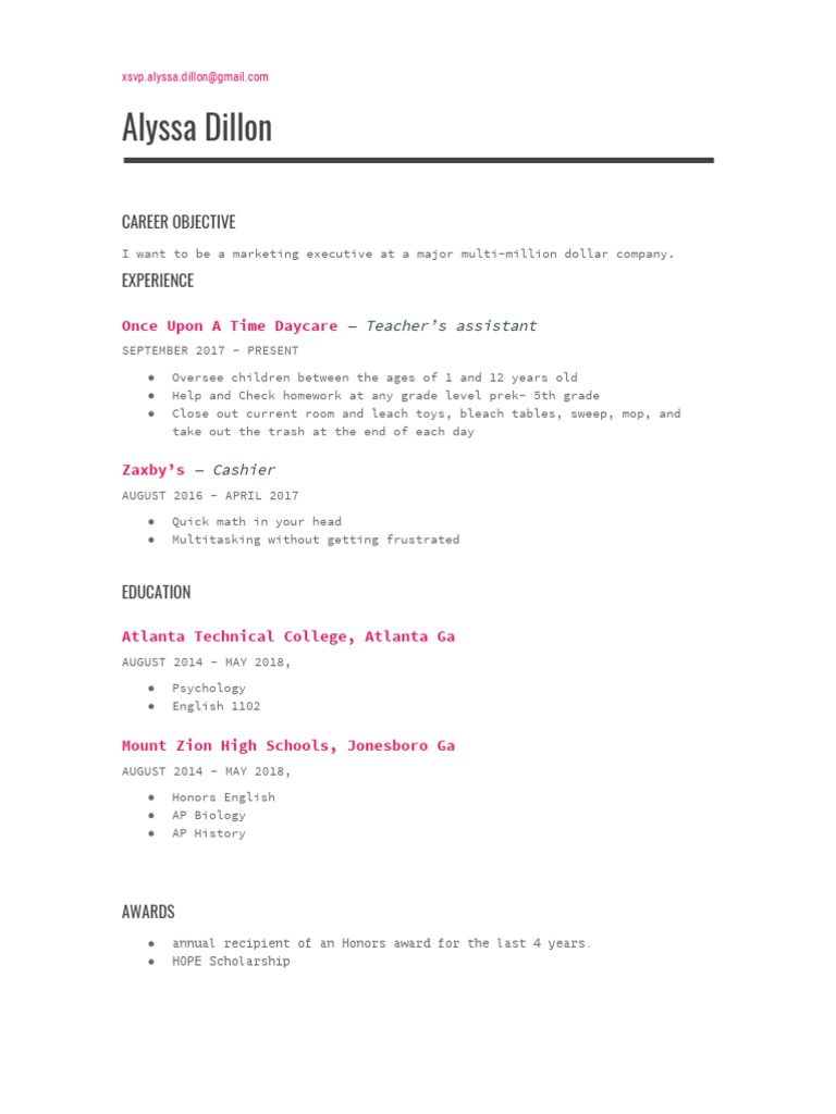 Alyssa Dillon: Career Objective Experience | PDF