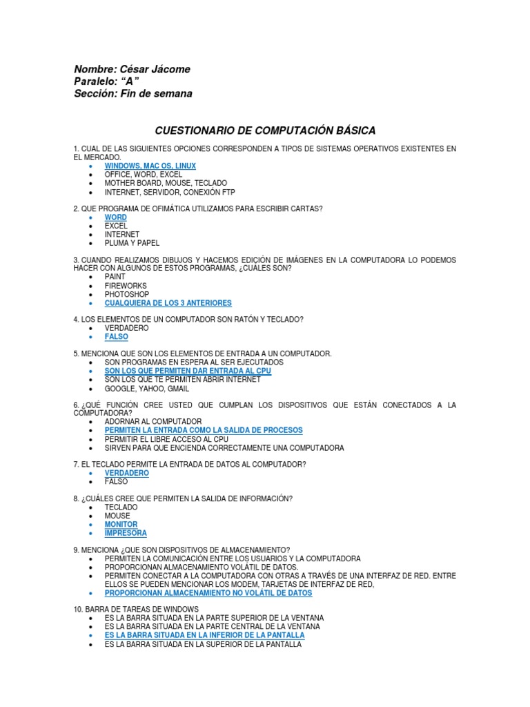 Cuestionario de Computación Básica Examen Final | PDF | Ventana (informática) | Periférico