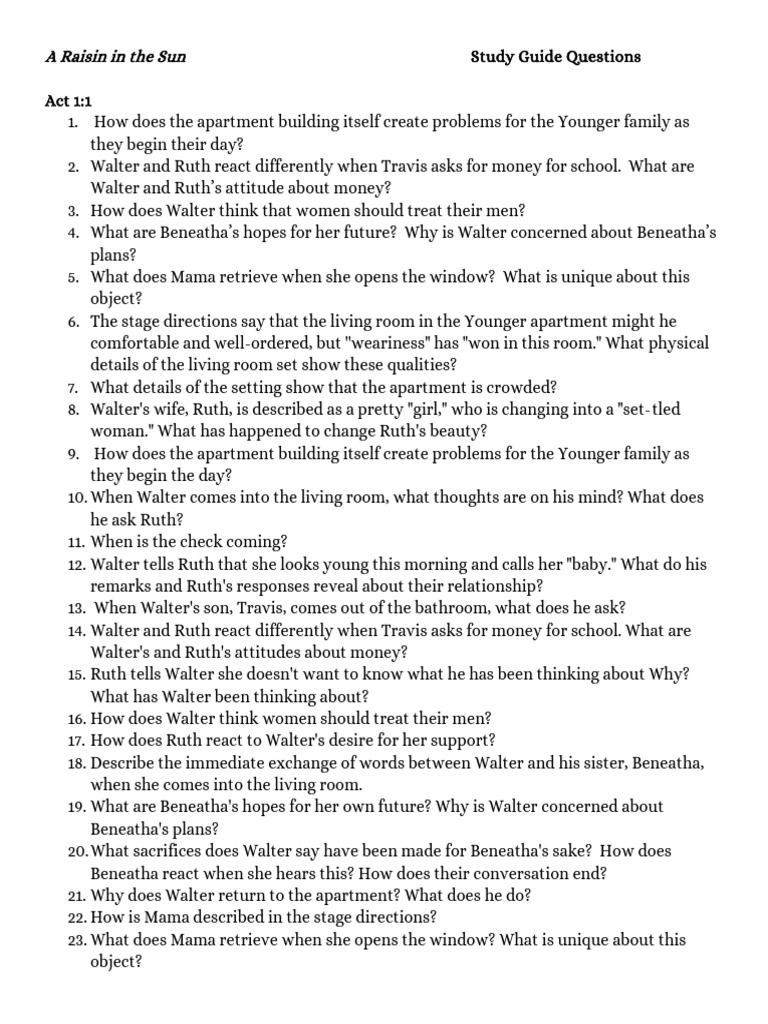 Act 1 Study Guide for A Raisin in the Sun | PDF