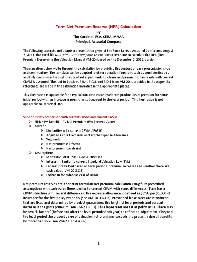 Term Net Premium Reserve (NPR) Calculation: by Tim Cardinal, FSA, CERA ...