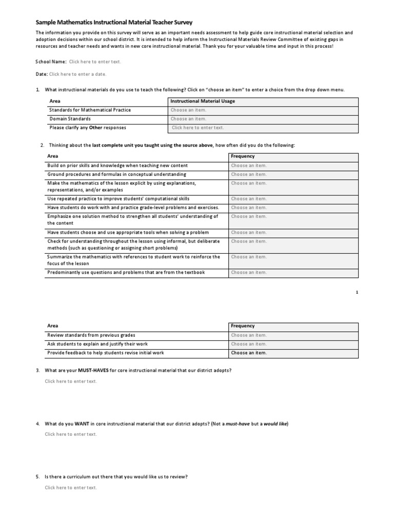 Sample Mathematics Instructional Material Teacher Survey: Click Here To Enter Text | PDF ...