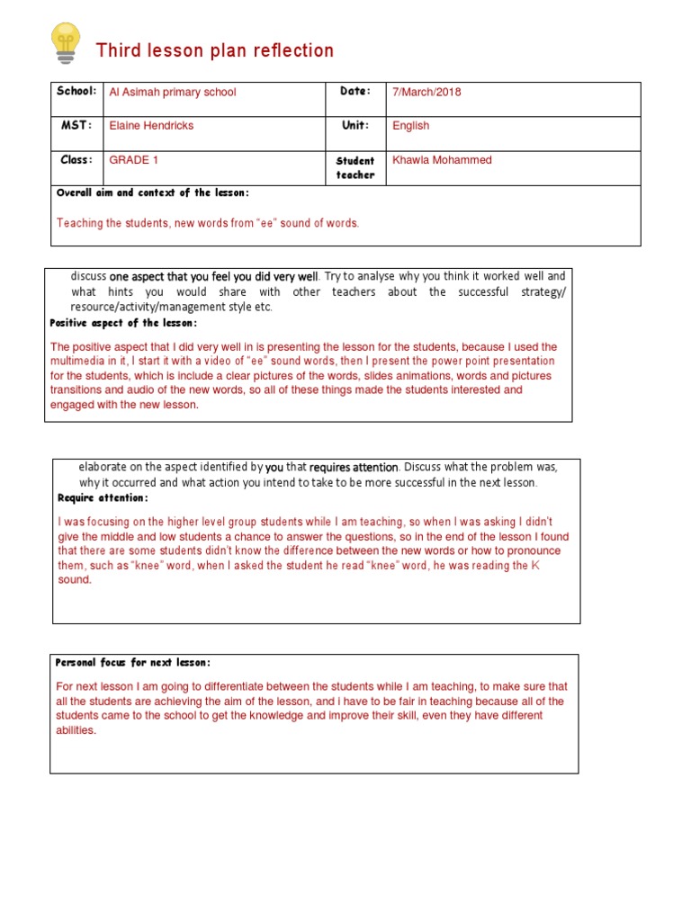 Grade 1 English Lesson Reflection | PDF | Classroom Management | Teachers