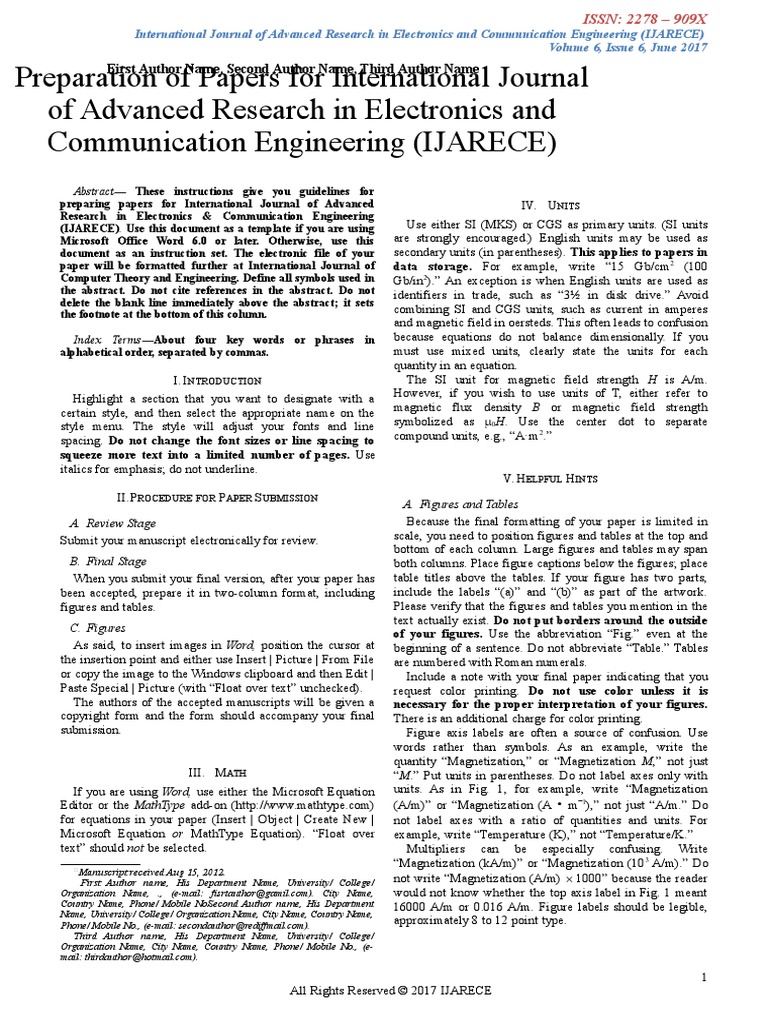 IJARECE Paper Template | PDF | Note (Typography) | Bracket