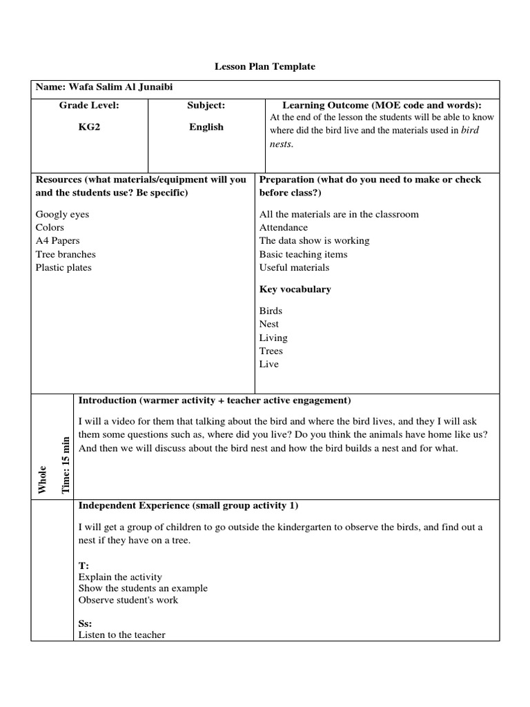 Lesson Plan Birds Nest | Download Free PDF | Lesson Plan | Teachers