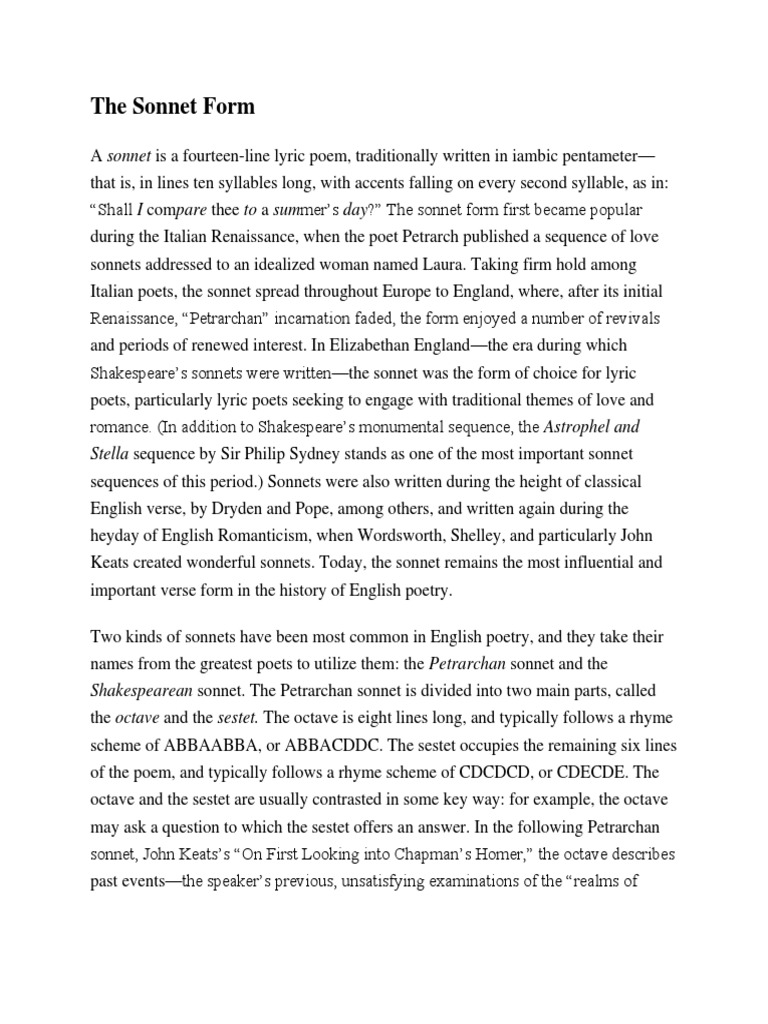 The Sonnet Form: Stella Sequence by Sir Philip Sydney Stands As One of The Most Important Sonnet ...