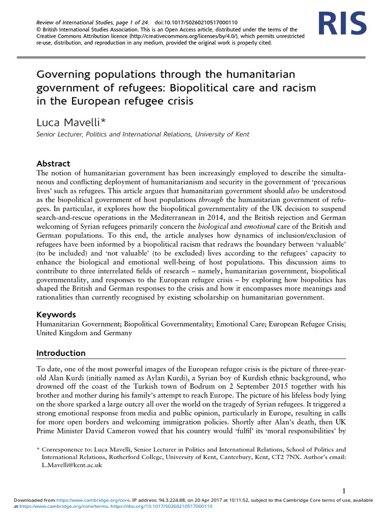 Mavelli Governing Populations Through The Humanitarian Government of ...