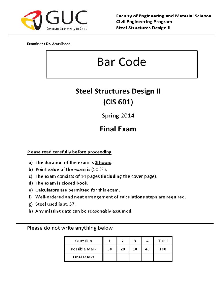 Bar Code: Steel Structures Design II (CIS 601) | PDF | Beam (Structure ...