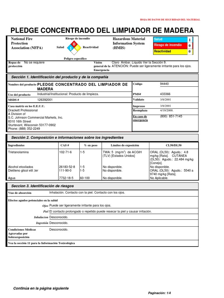 Pledge MSDS.pdf | Toxicity | First Aid