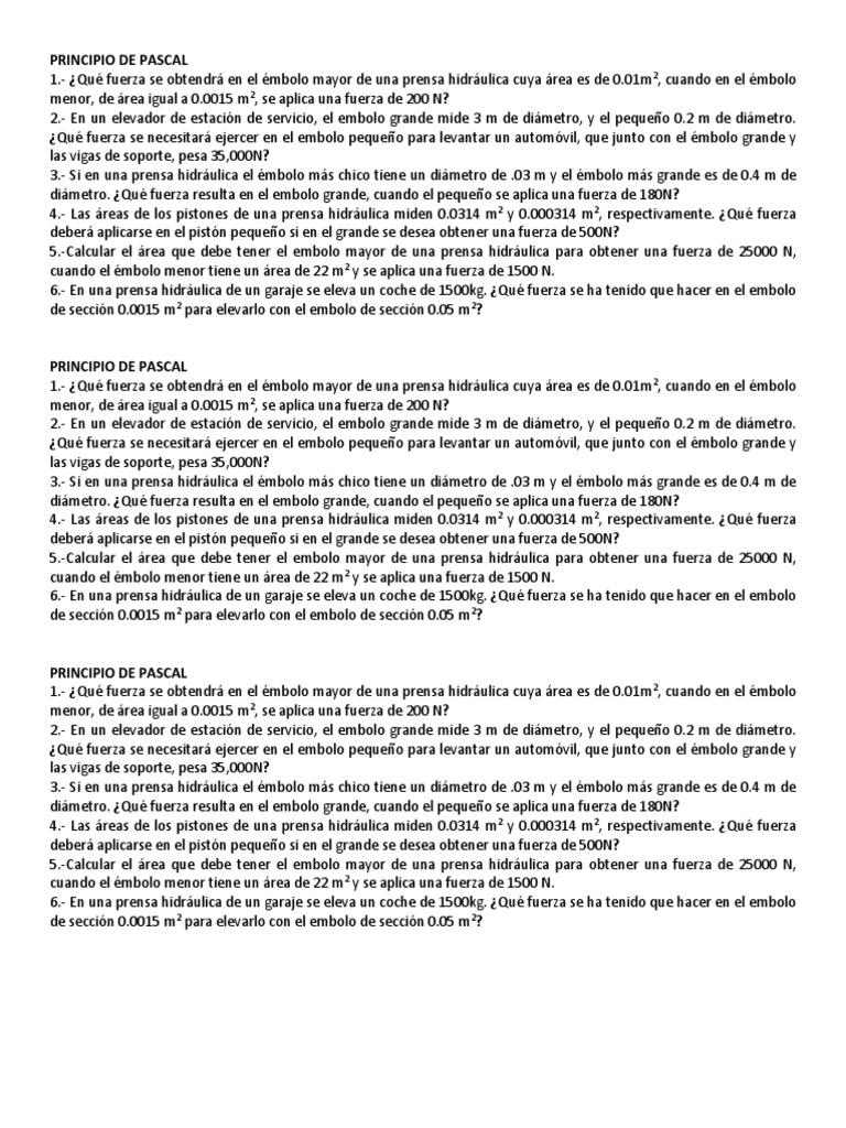 Ejercicios Principio de Pascal | PDF | Mecánica de fluidos | Ingeniería mecánica