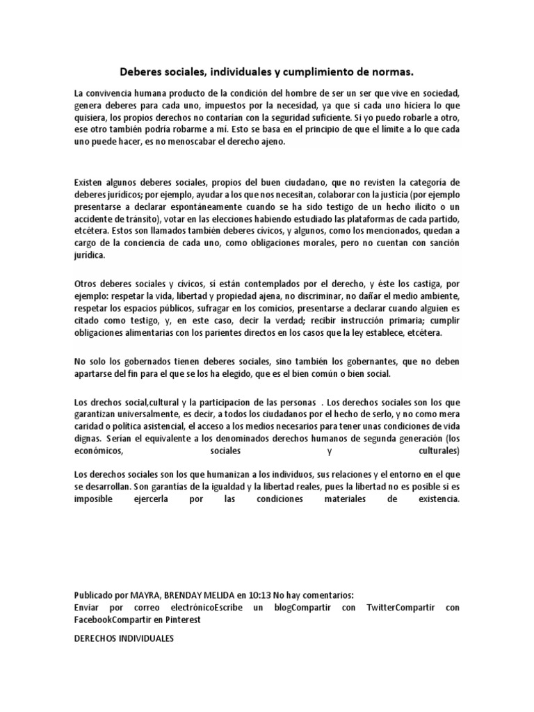 Deberes Sociales, Individuales y Cumplimiento de Normas | PDF ...